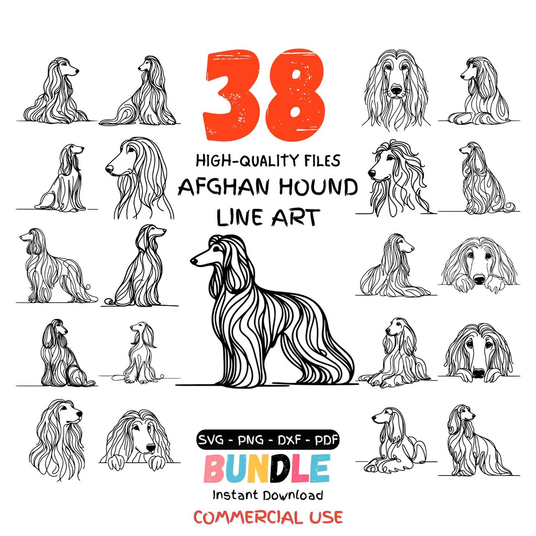 Afghan Hound Line Art Bundle | 38 Dog SVG PNG Dxf PDF Files | Afghan ...
