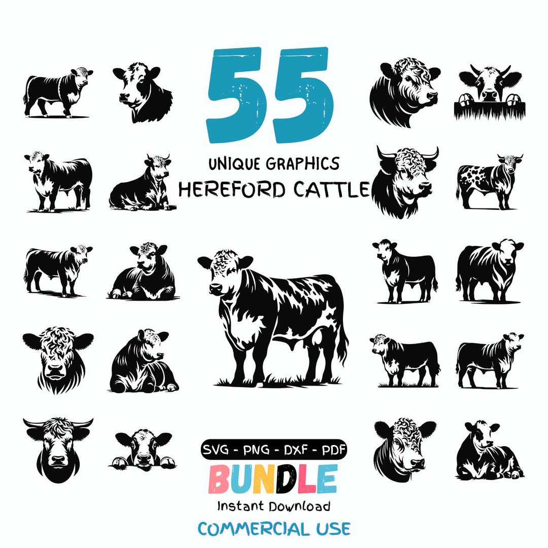 Hereford Cow SVG Bundle | 55 Farm Cattle Silhouettes | Bull Head ...
