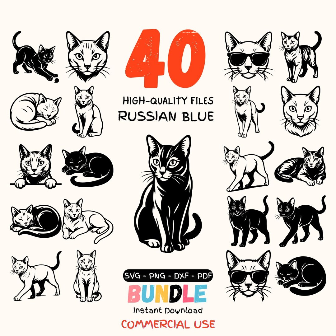 Russian Blue Cat SVG Bundle | 40 Cat Clipart Designs | Cat Silhouette ...