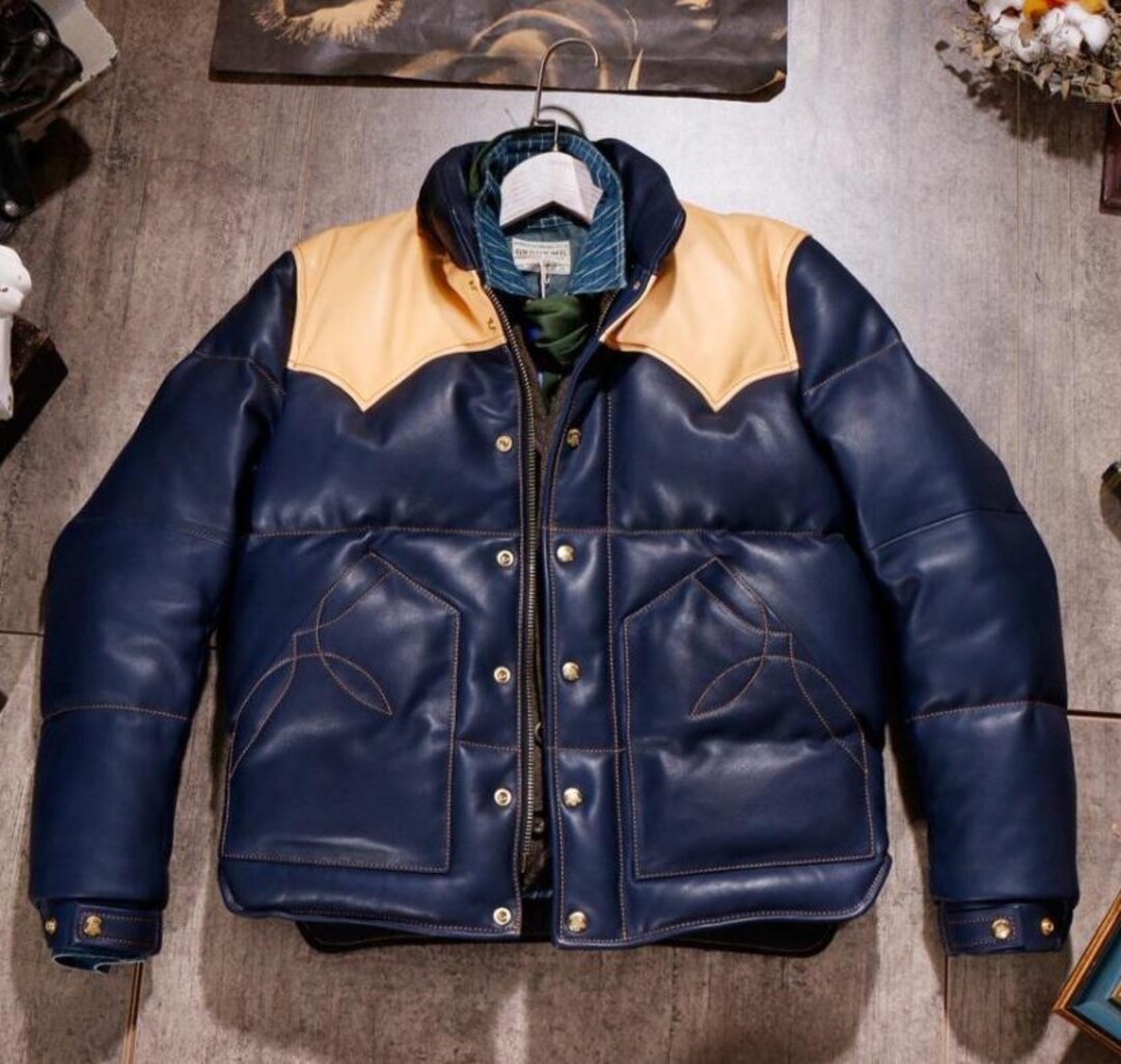Western Leather Puffer Jacket, Navy and Tan, Retro Cowboy Style ...