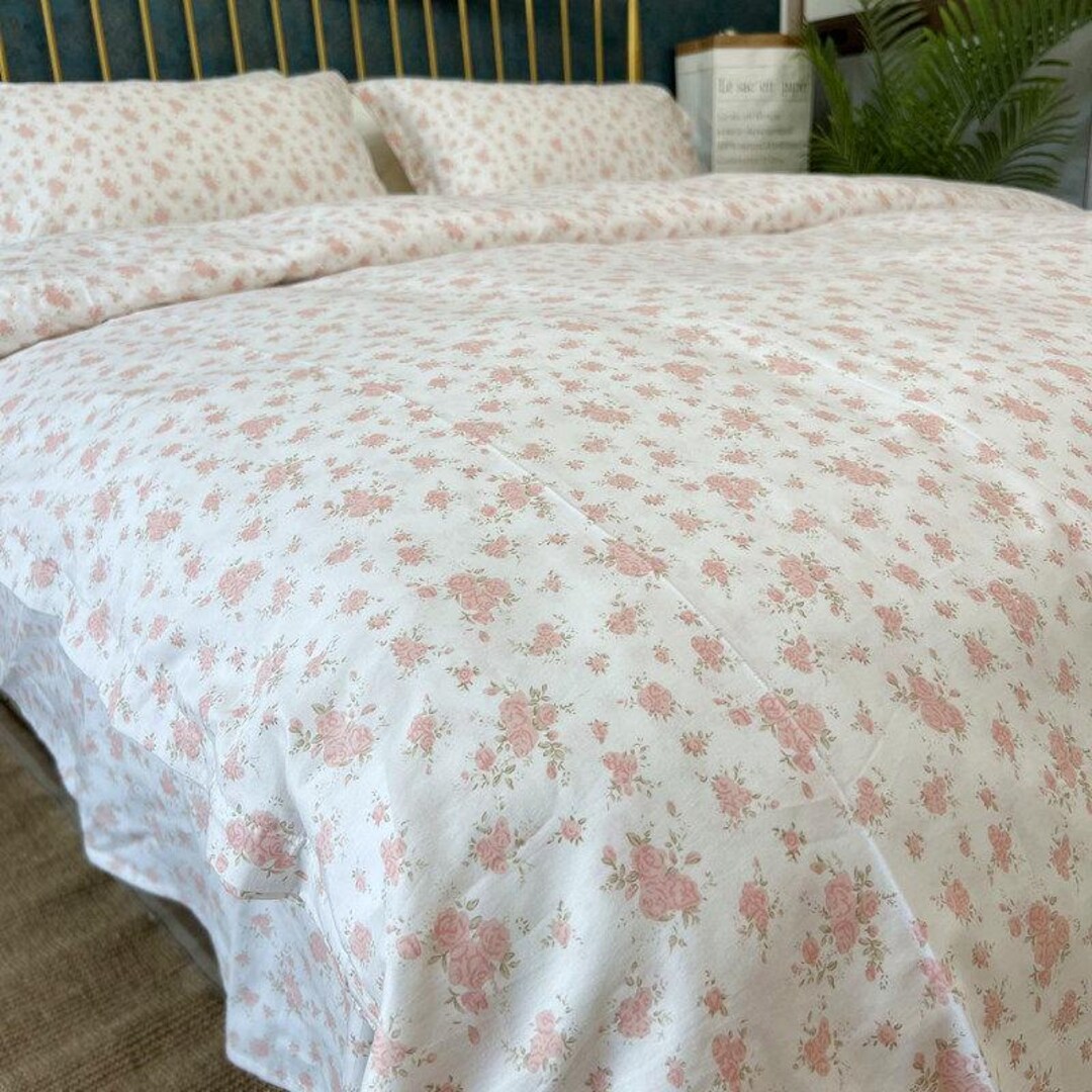 Gentle Pink Floral Duvet Cover Set 100% Cotton Cozy Breathable Rustic ...
