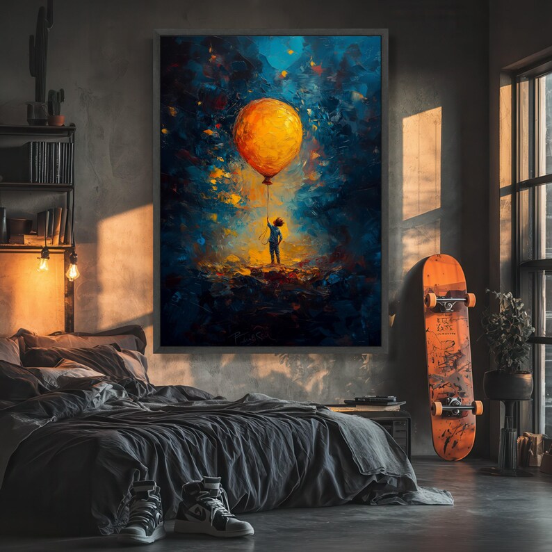 Child With Giant Balloon Canvas, Abstract Impressionism Art, Orange ...