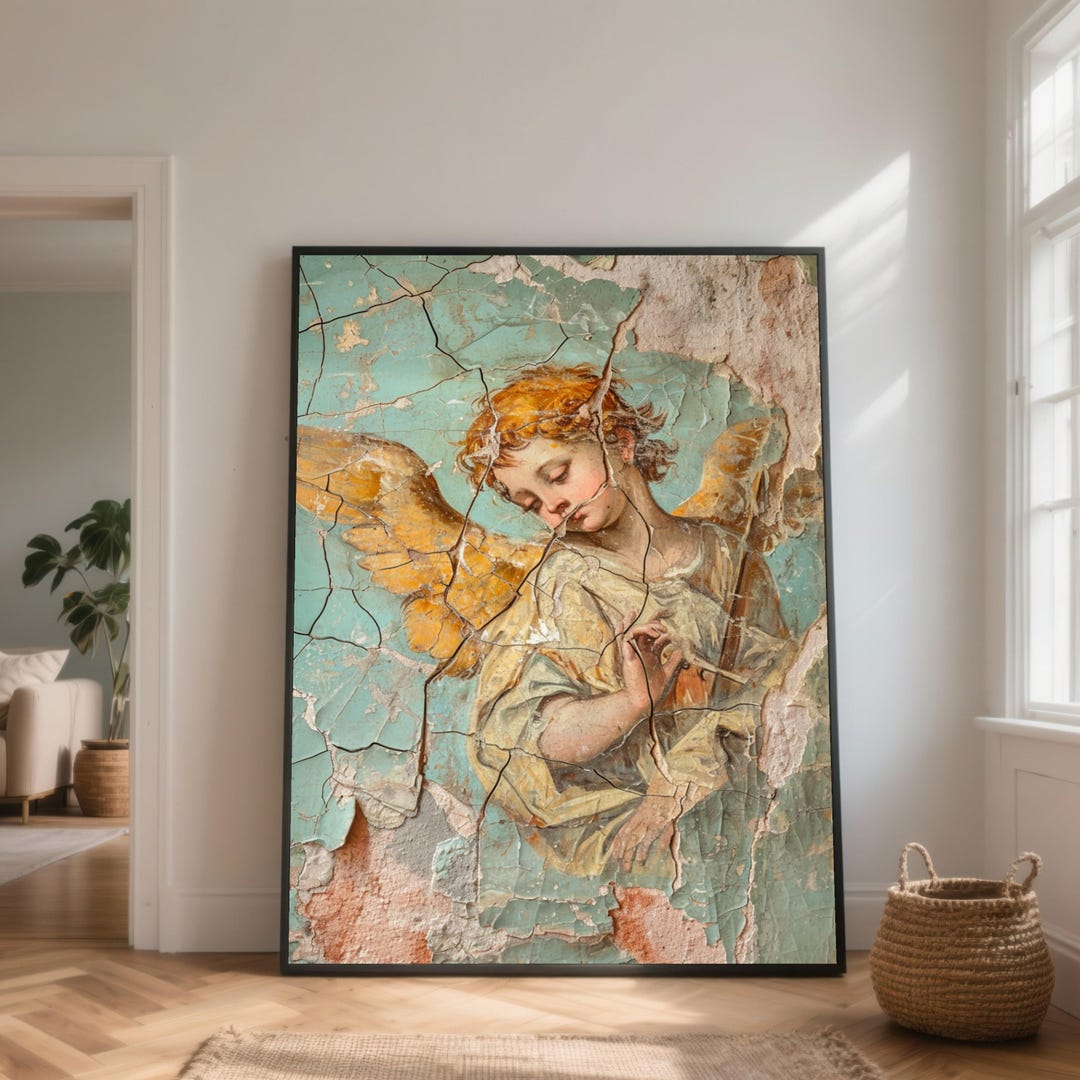 Vintage Angel Painting Canvas, Cracked Wall Art, Renaissance Style ...