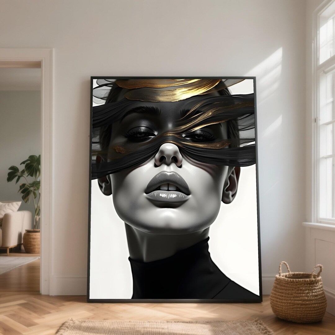 Modern Glam Portrait Canvas Wall Art, Abstract Female Face, Black and ...