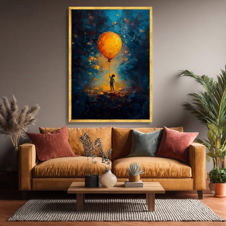 Child With Giant Balloon Canvas, Abstract Impressionism Art, Orange ...