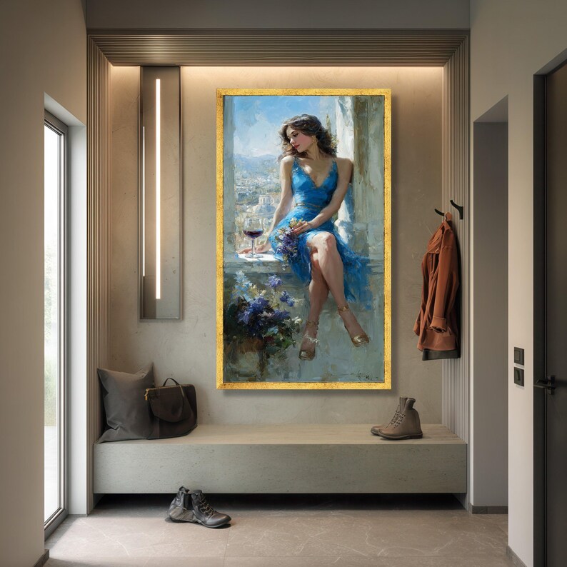 Lienzo de mujer con vestido azul, retrato romántico con escena floral y ...