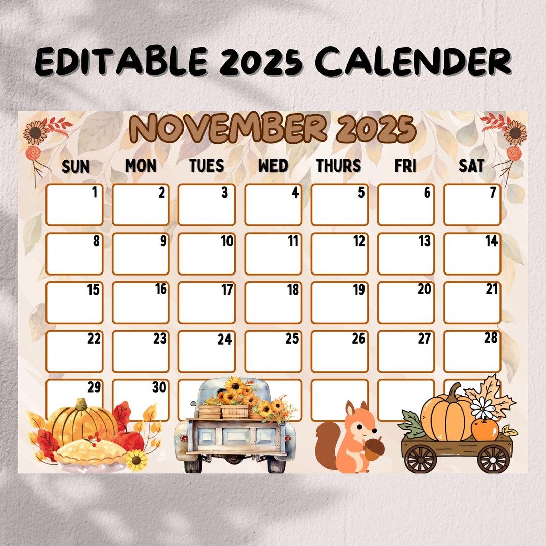 Editable and Fillable November 2025 Calendar ( Digital Downloadable ...