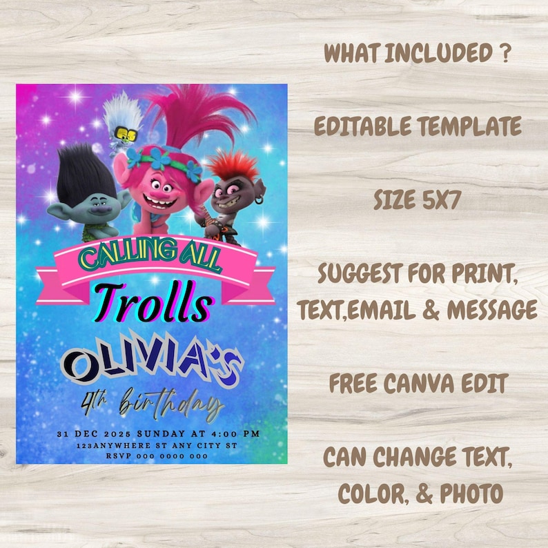 Editable Troll Birthday Party Card Invitation Template (5x7) Digital ...