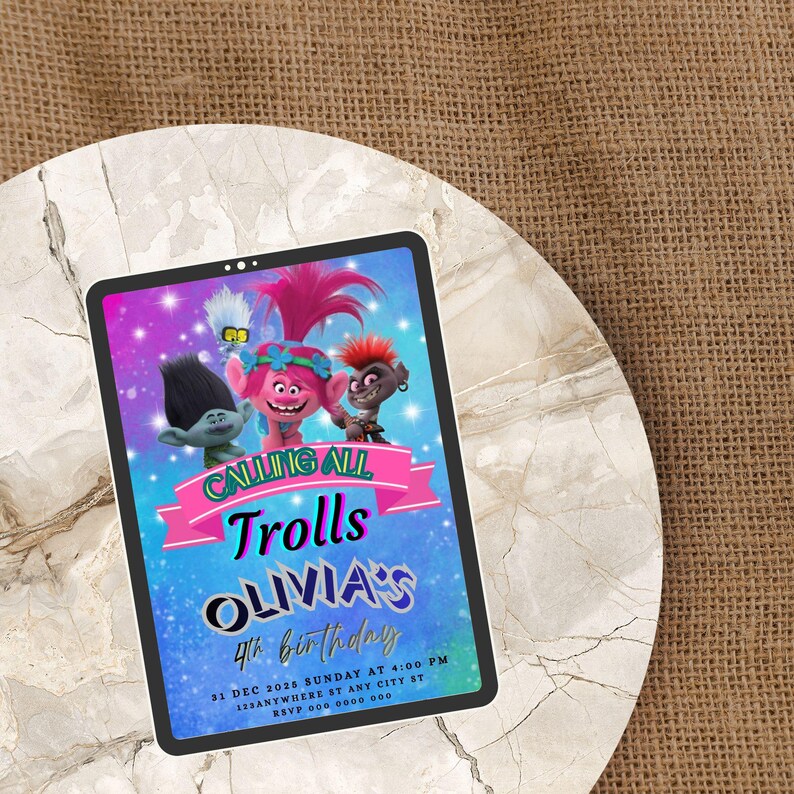 Editable Troll Birthday Party Card Invitation Template (5x7) Digital ...
