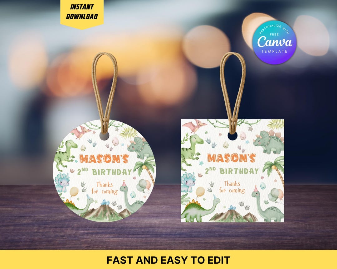 Editable Dinosaur Favor Tags, Dinosaur 1st Birthday Tags, Favor Tags ...