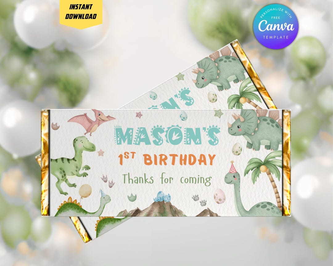 Dinosaur Chocolate Wrapper Printable, Editable Candy Bar Label Template ...
