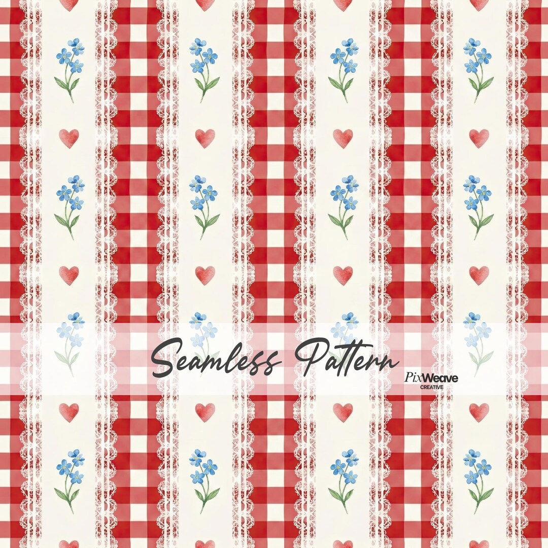 Red Gingham Floral Stripe Seamless Pattern, Cottagecore Lace Digital ...