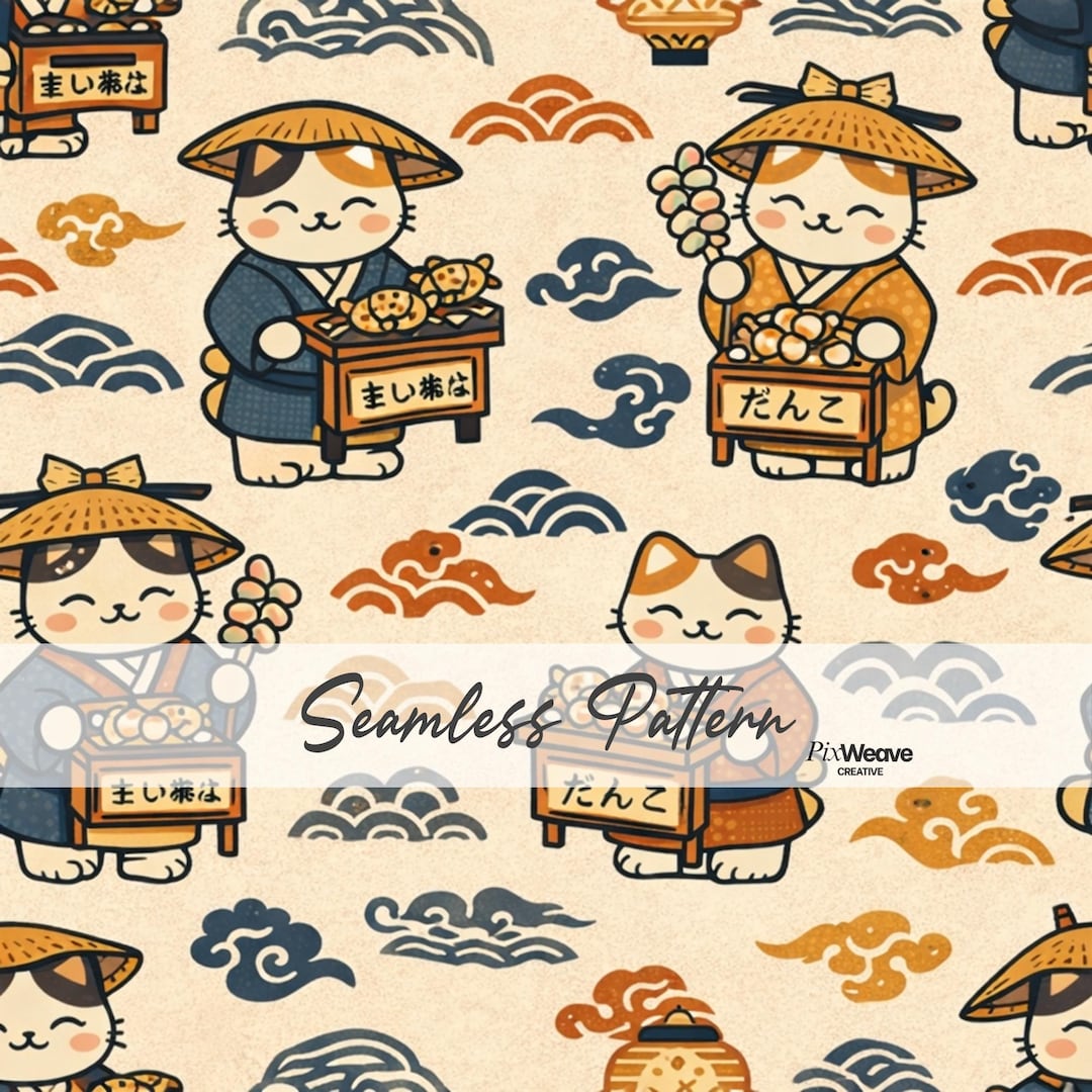 Kawaii Japanese Cat Vendor Seamless Pattern, Retro Street Market ...