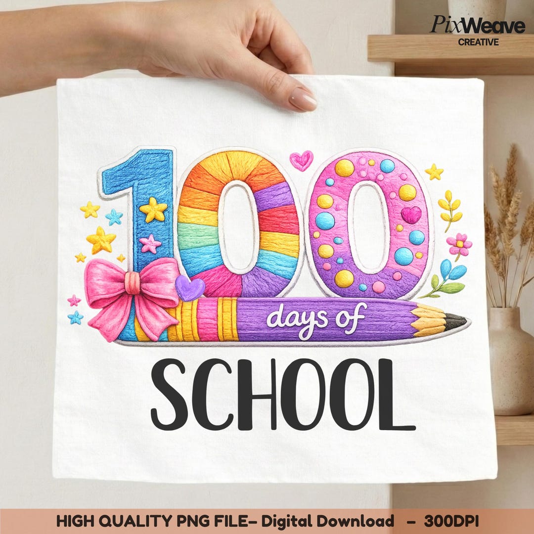 100 Days of School PNG, Embroidered Style Design, Cute Pencil Bow ...