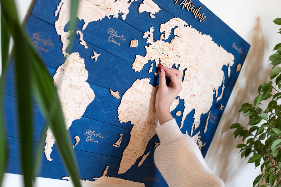 Personalized Push Pin World Map, Large Wooden Travel Map Nautical Blue ...