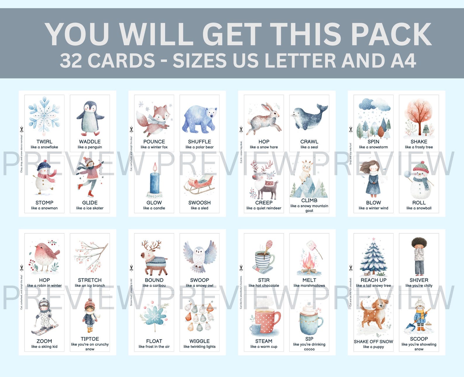 Winter Movement Cards for Kids | Printable Gross Motor Flashcards ...