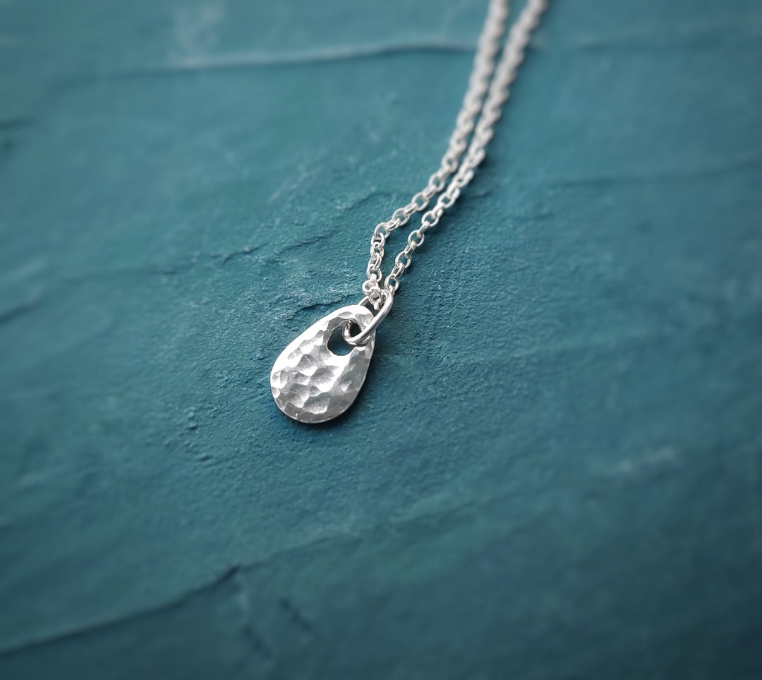 Tiny Hammered Silver Necklace / Sterling Silver Hammered Teardrop ...