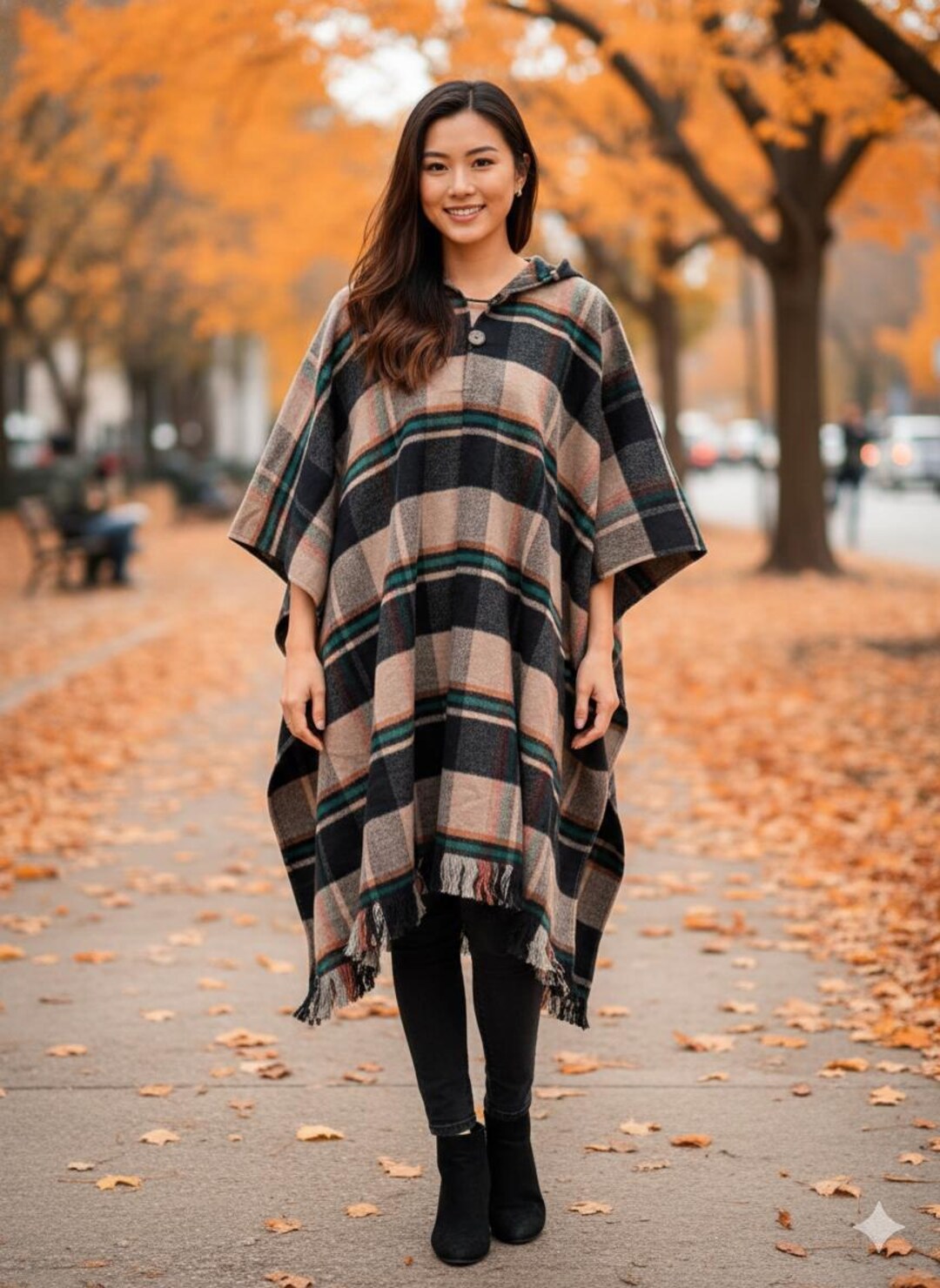 Plaid Hooded Poncho for Women | Warm Winter Cape Shawl | Button Front ...