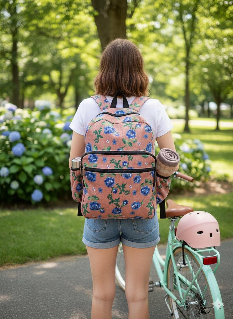 Floral Corduroy Backpack for Women, Vintage Flower Print Backpack ...