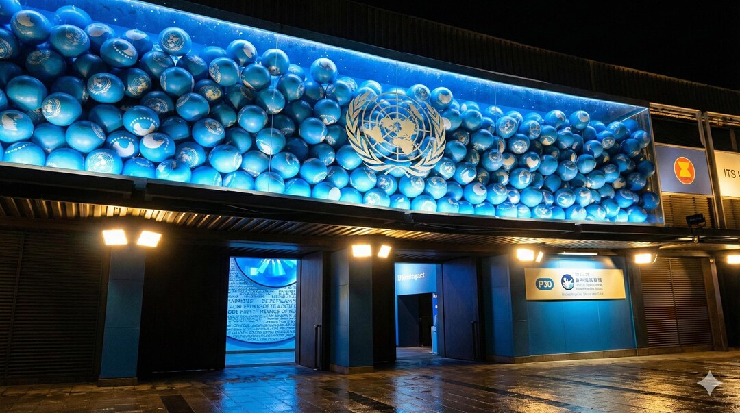 Nighttime Exterior of Building Entrance Featuring Illuminated United ...