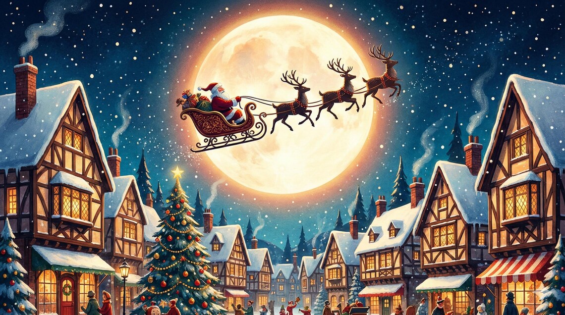 Santa Claus Flying in Sleigh Over Snowy Christmas Village at Night With ...