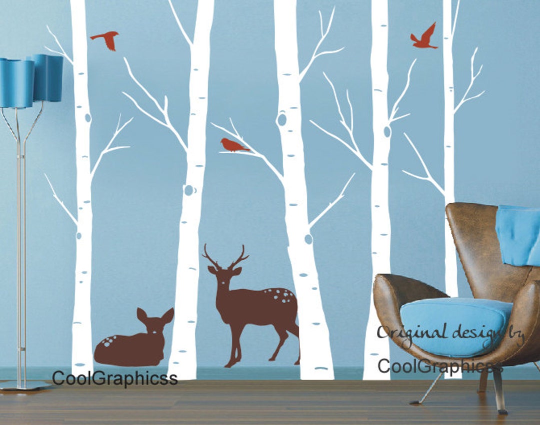 Deer in the Birch Tree Forest Vinyl Wall Decal Sticker Wall - Etsy