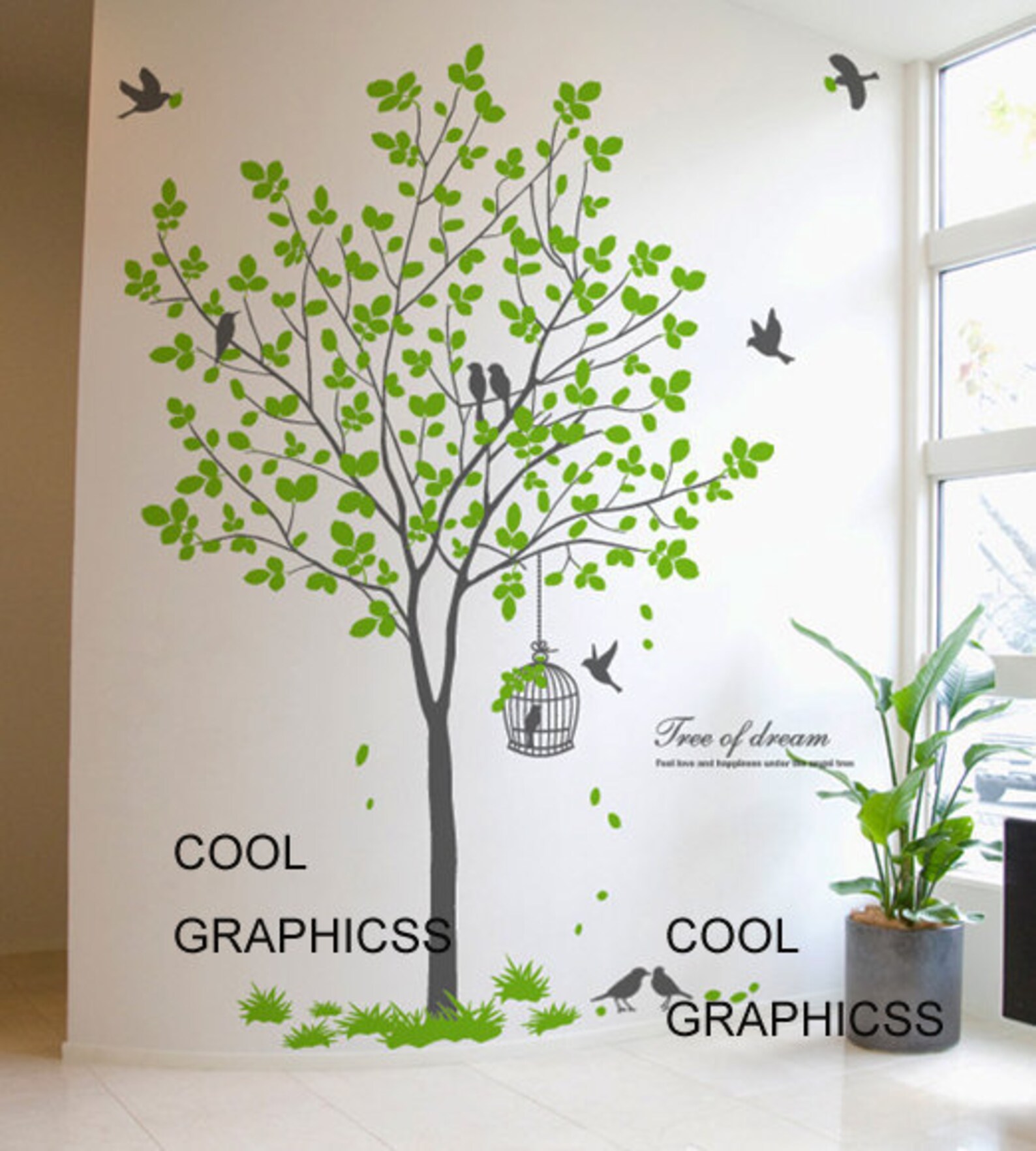 Green Tree With Birds and Cage vinyl Wall Decals Tree Wall - Etsy