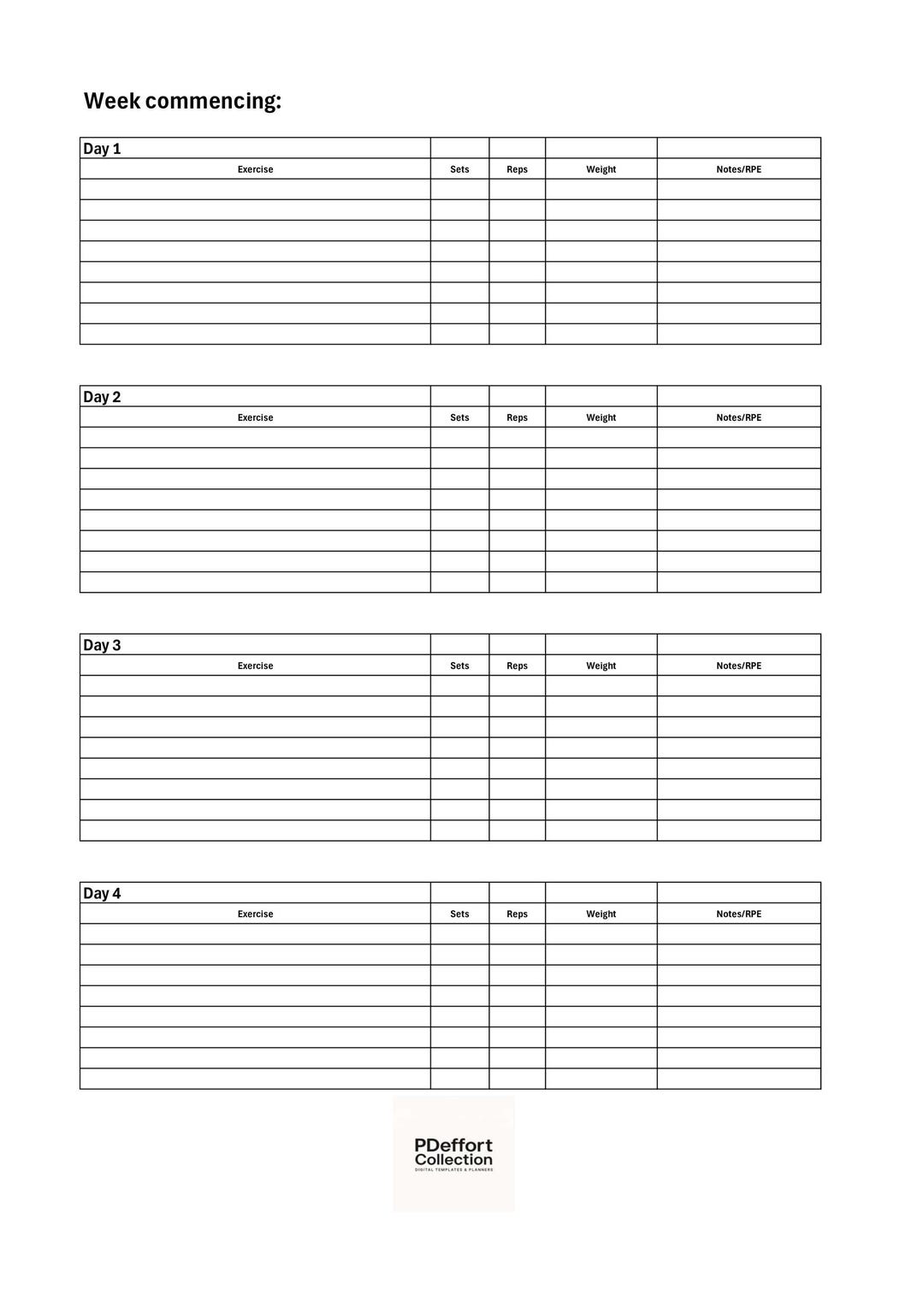 Weekly Workout Log (4-day Split) - Instant Download - Etsy