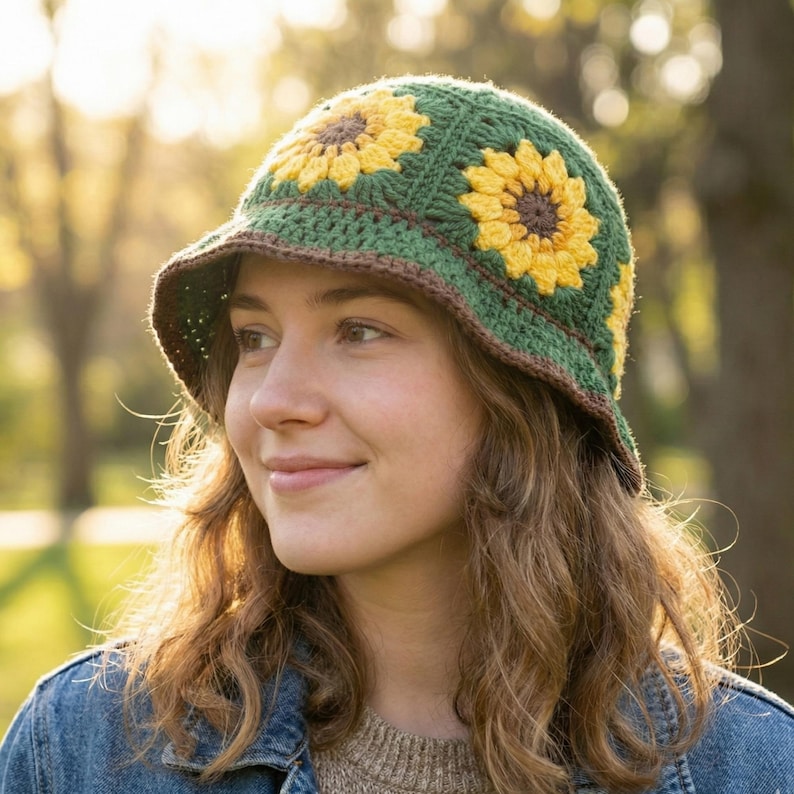 Sunflower Crochet Bucket Hat PATTERN, DIY Granny Square Cottagecore Sun ...