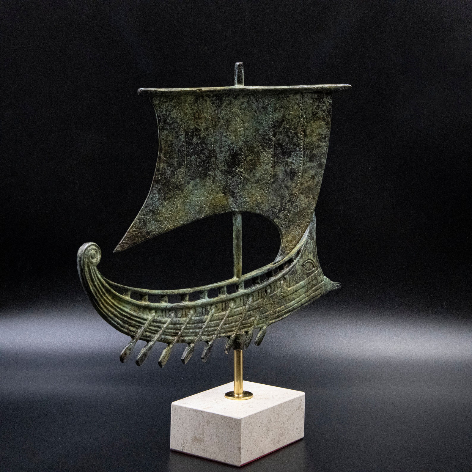 Ancient Greece Bronze Ship With Oars and Sail, Metal Warship Statue ...