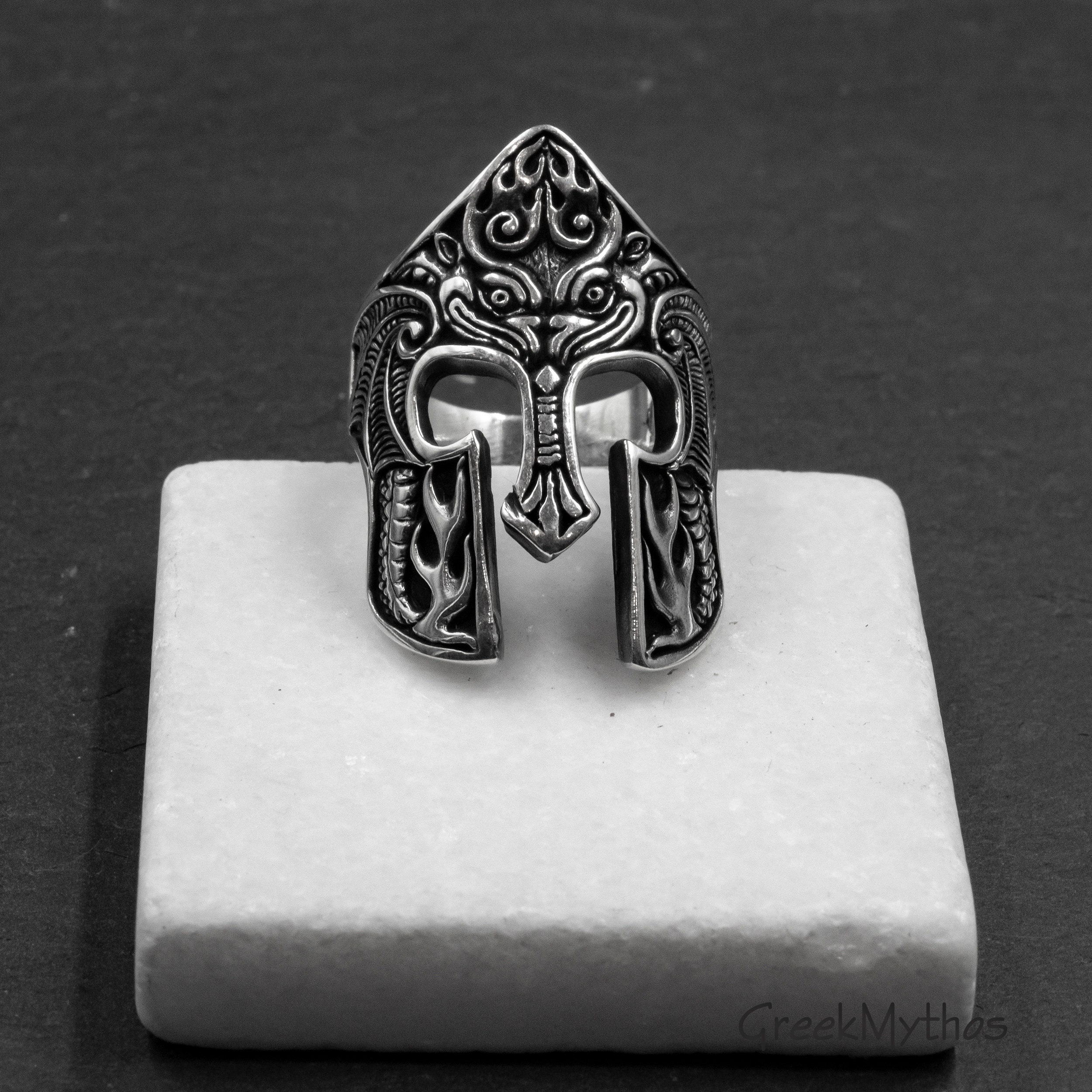 Sterling Silver Greek Spartan Helmet Ring, Men Chevalier Statement Ring ...