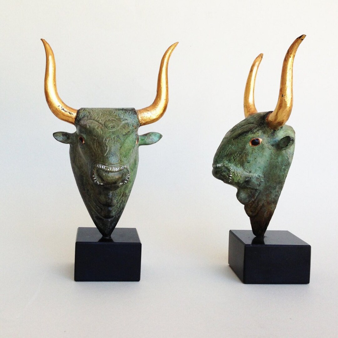 Greek Minoan Bull Statue, Bullhead Bronze Sculpture, Greek Mythology ...