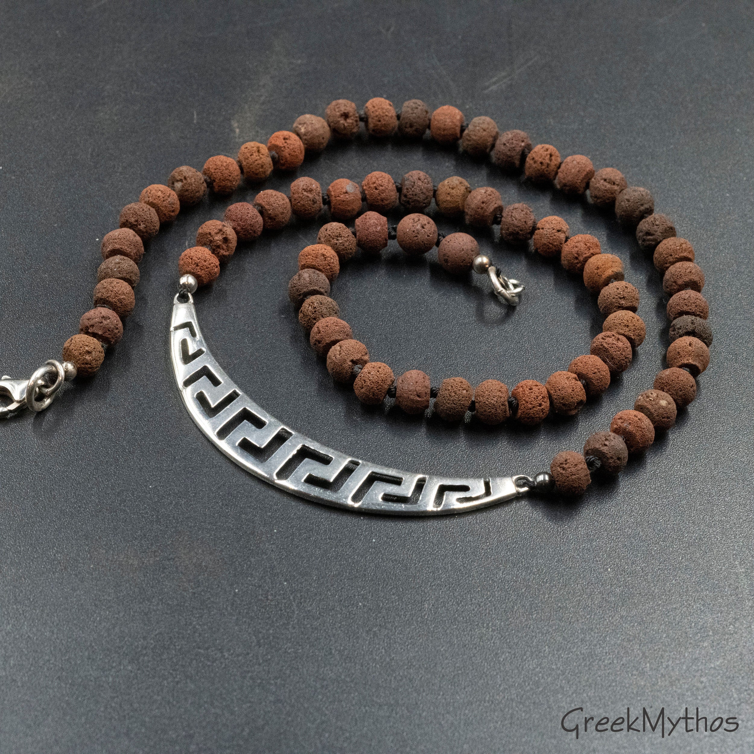 Greek Key Sterling Silver and Red Lava Stone Beaded Necklace, Unisex ...