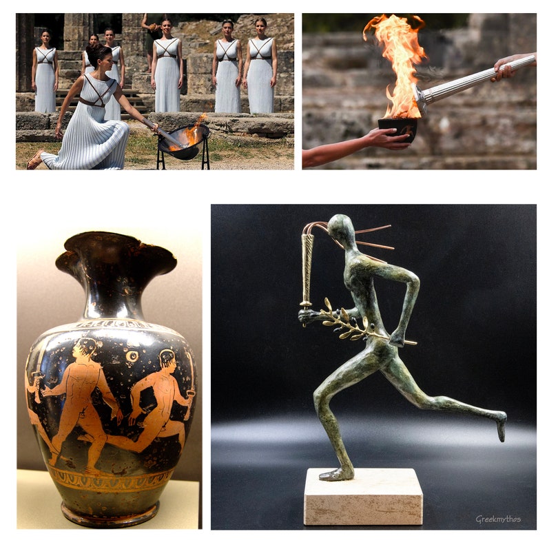Olympic Games Torchbearer, Greek Athlete Statue Bearing Torch and Olive ...