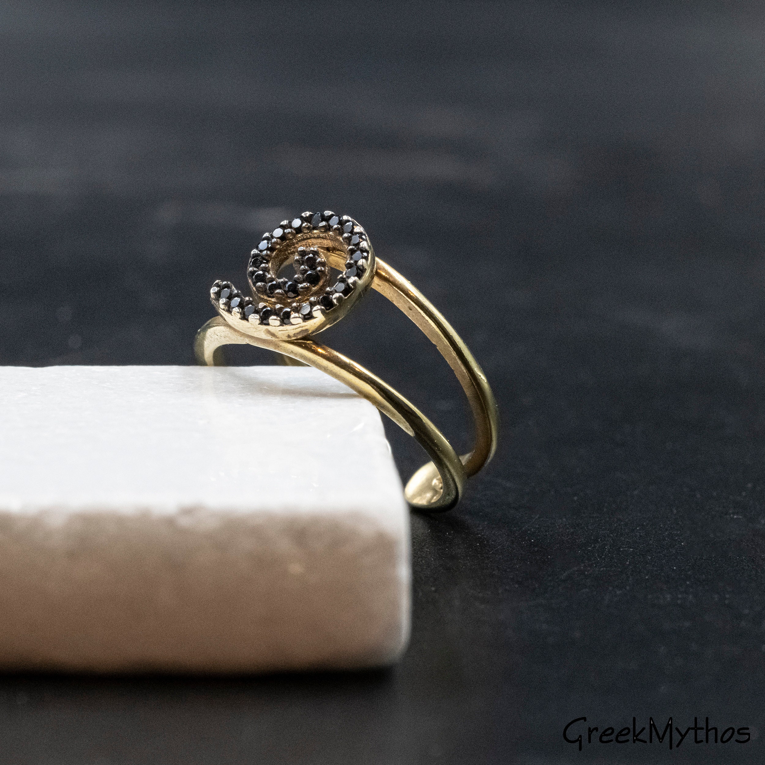 Greek Spiral Ring Handmade Sterling Silver Gold plated with Black Cubic ...