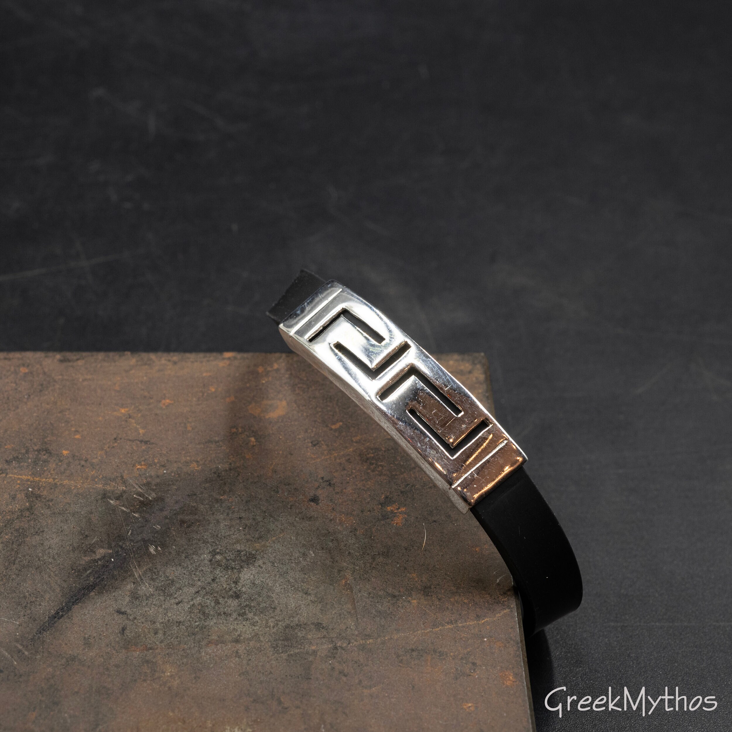 Greek Key Sterling Silver Bar and Black Rubber Bracelet, Men Band ...