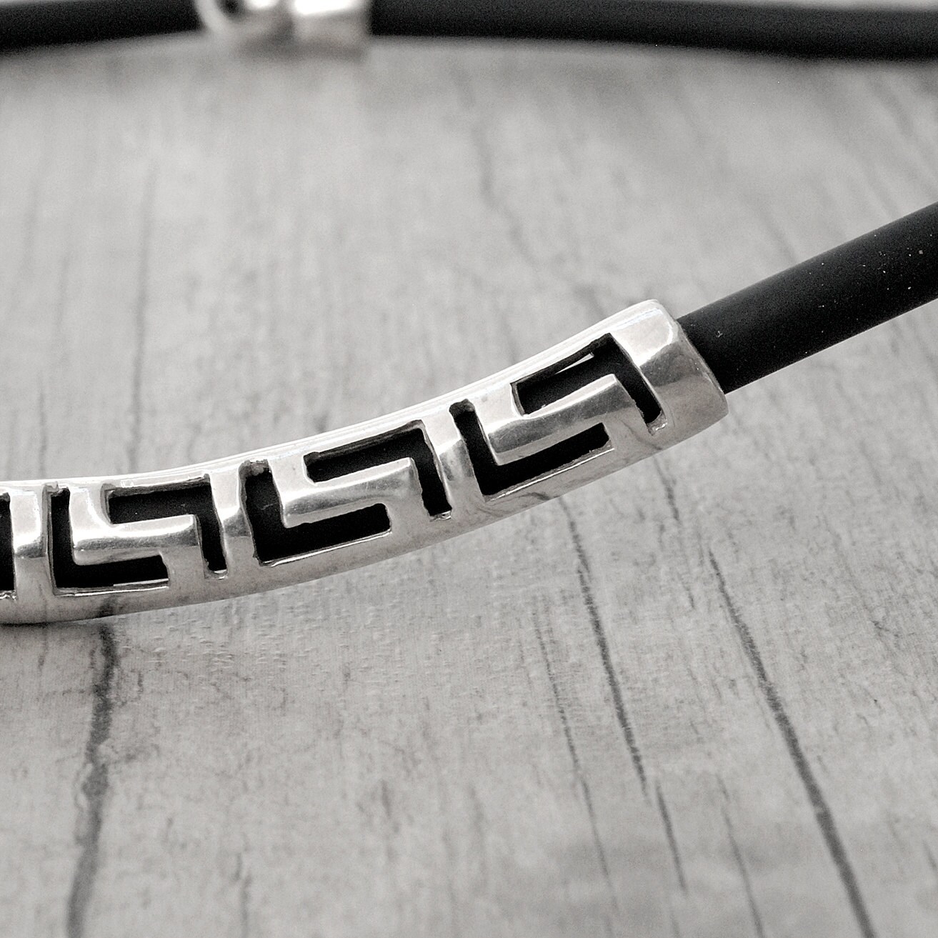 Sterling Silver Greek Key Necklace with Black Rubber Cord