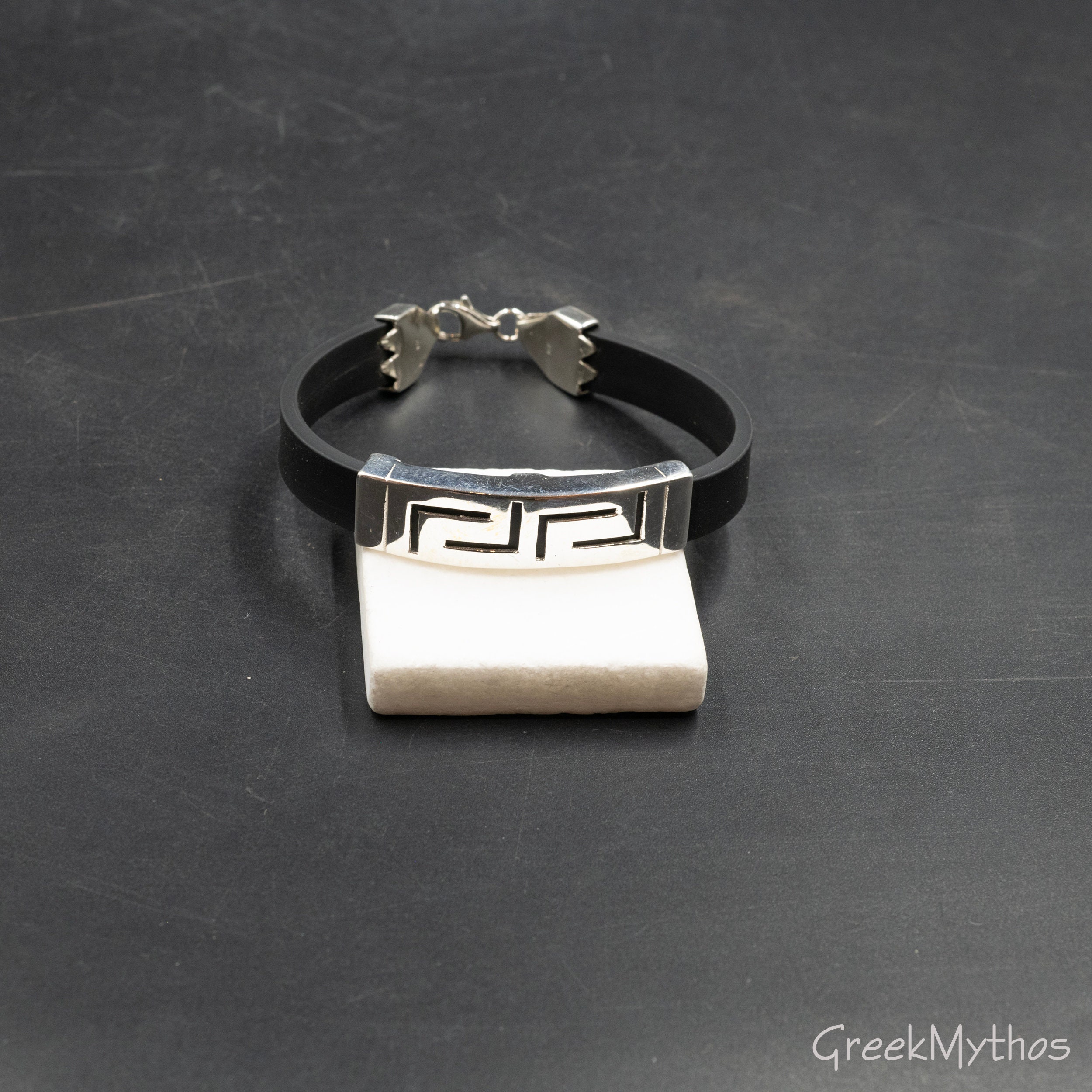 Greek Key Sterling Silver Bar and Black Rubber Bracelet, Men Band ...