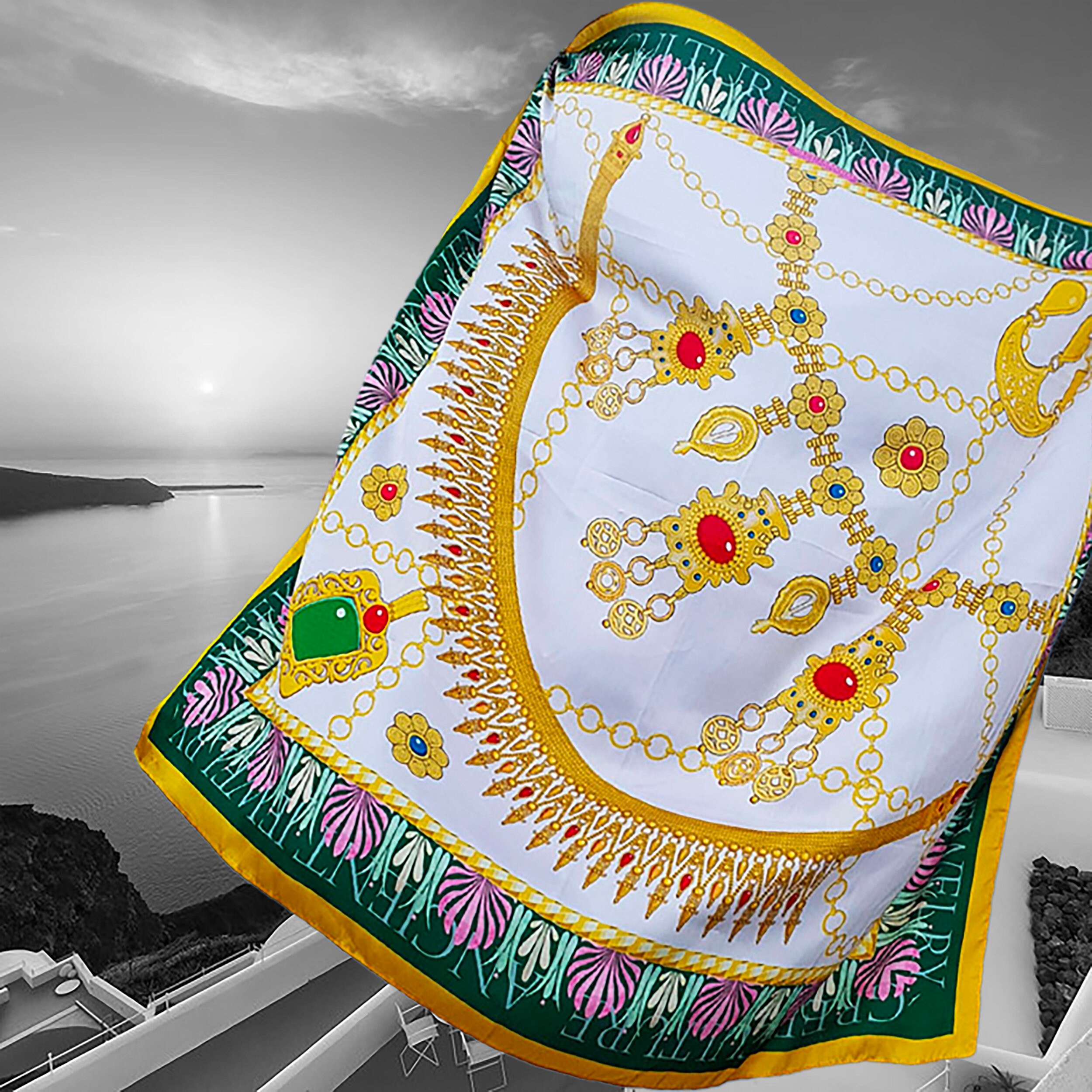 Large Square Silky Scarf with Ancient Greek Jewelry, Women Shawl, Gift ...