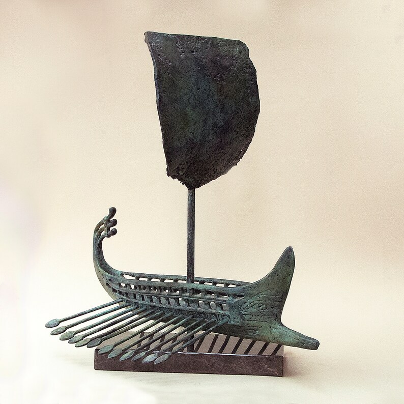 Ancient Greek Ship With Oars and Sail, Bronze Warship Sculpture ...