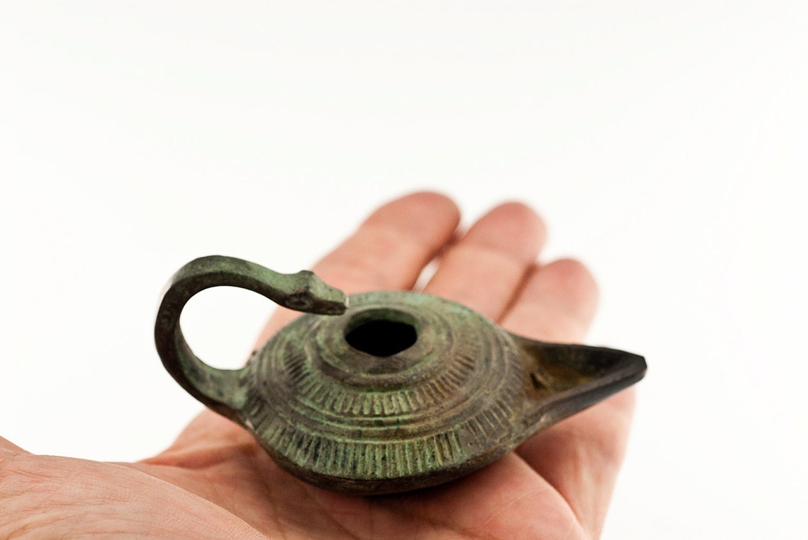 Ancient Greek Miniature Oil Lamp, Bronze Oil Lamp With Serpent Handle ...