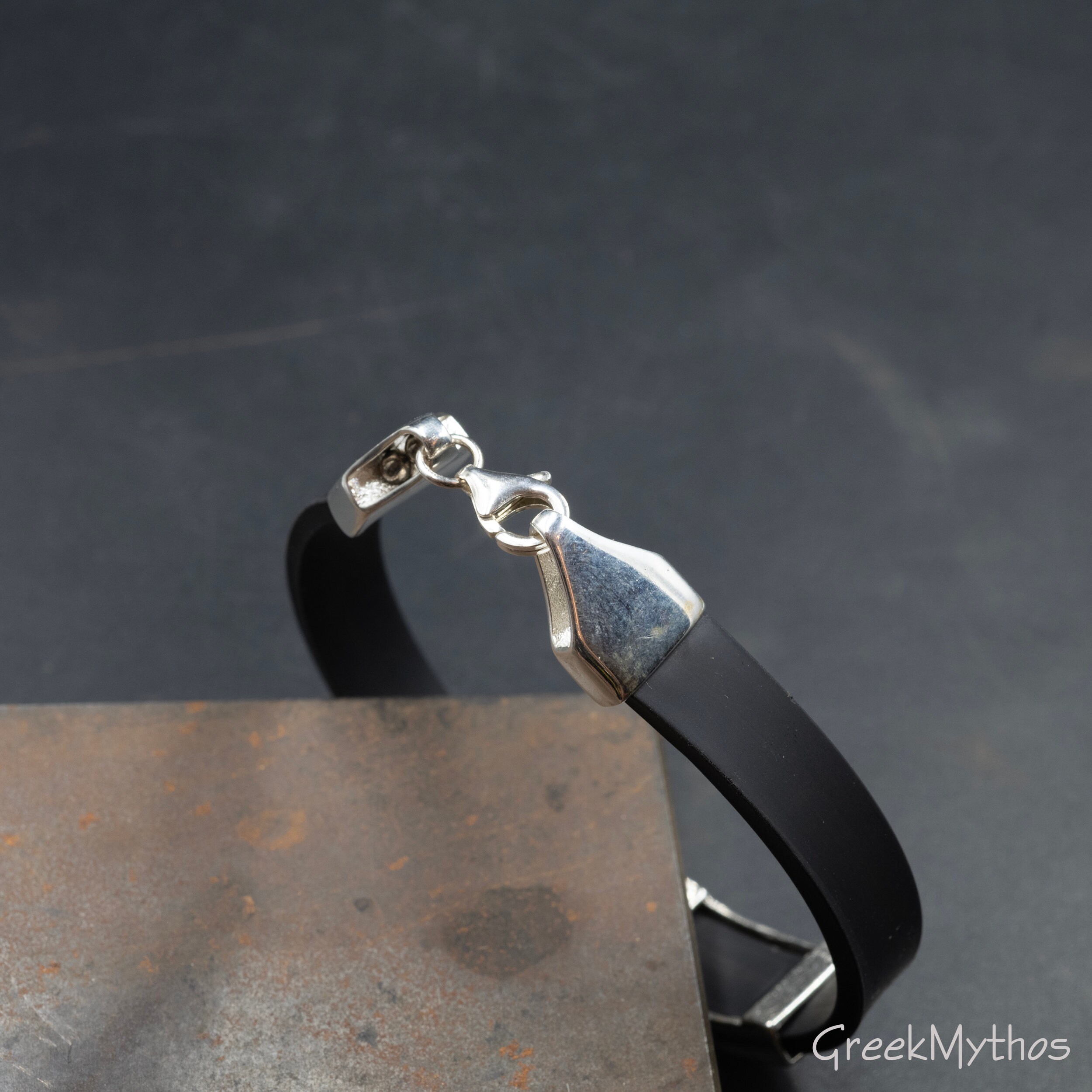 Greek Key Sterling Silver Bar and Black Rubber Bracelet, Men Band ...