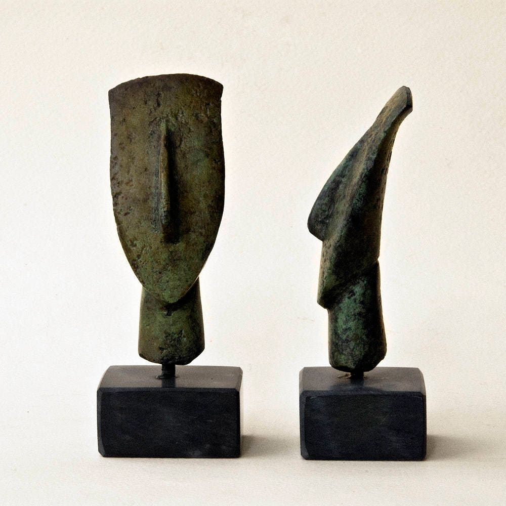 Cycladic Figurine Head Small Bronze Statue, Abstract Minimalist Metal ...