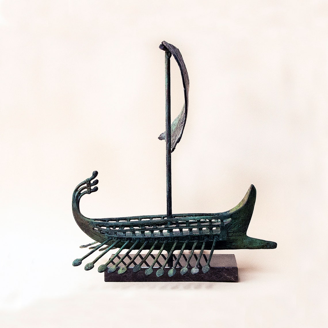 Ancient Greek Ship With Oars and Sail, Bronze Warship Sculpture ...