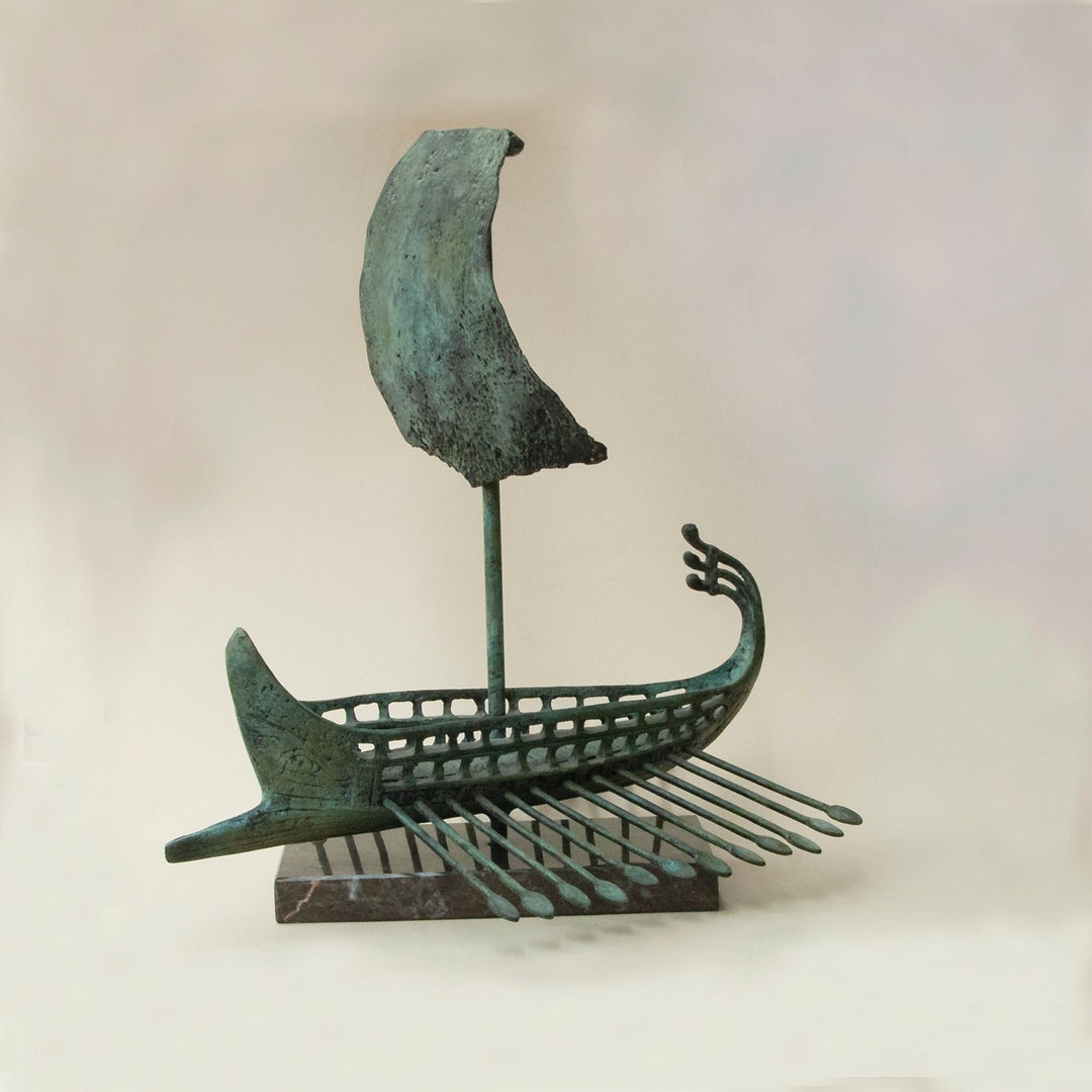 Ancient Greek Ship With Oars and Sail, Bronze Warship Sculpture ...