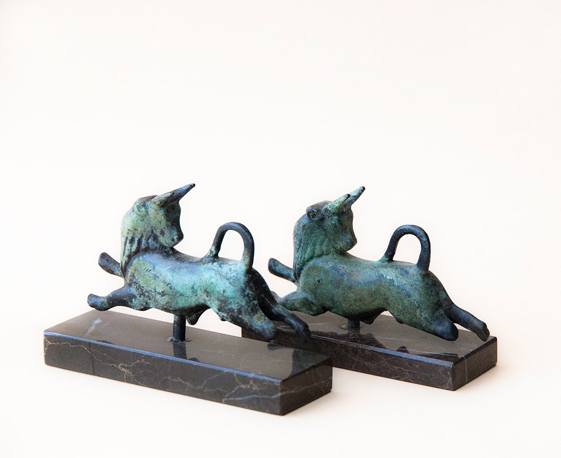 Greek Minoan Bull Small Bronze Sculpture, Bull in Leap Metal Sculpture ...