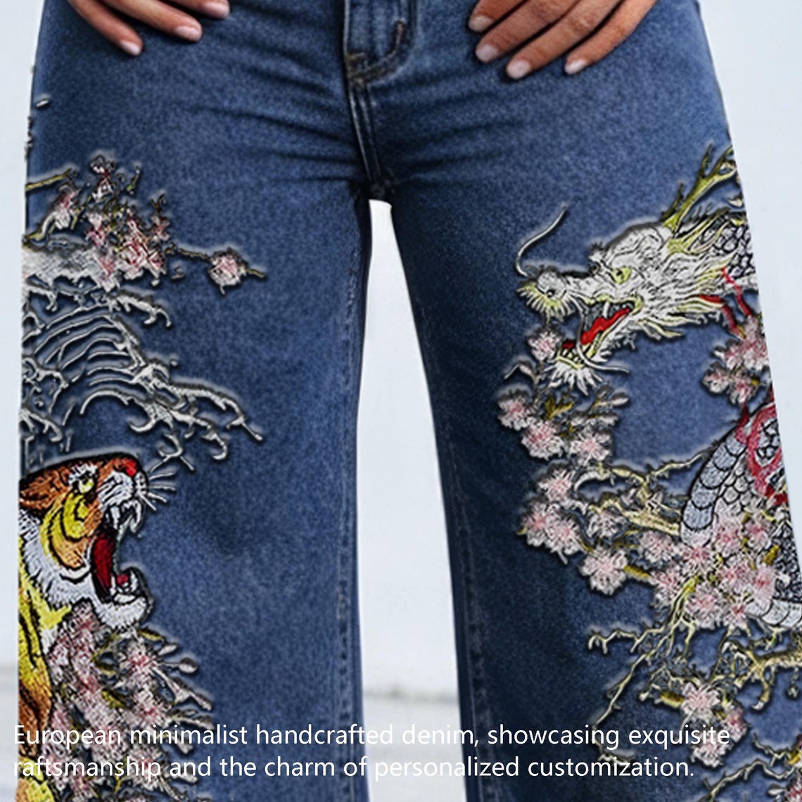 Painted Dragon Tiger Jeans, High Waisted Wide Leg Denim, Asian ...