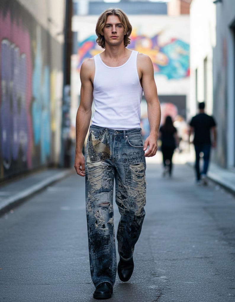 Y2K Graphic Baggy Jeans for Men | Vintage Grunge Wide Leg Denim Pants ...