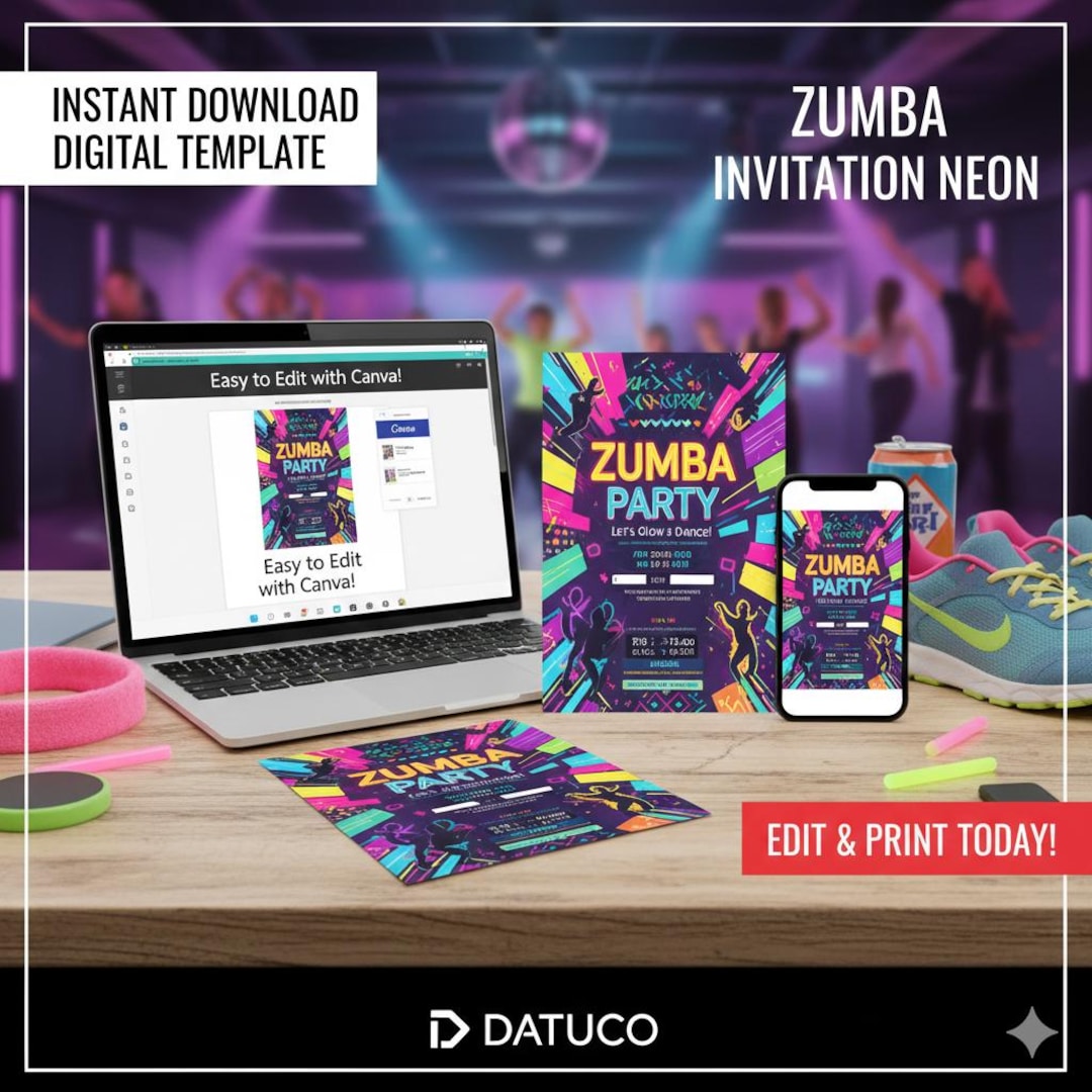 Neon Zumba Party Invitation | Editable Dance Fitness Card | Digital ...