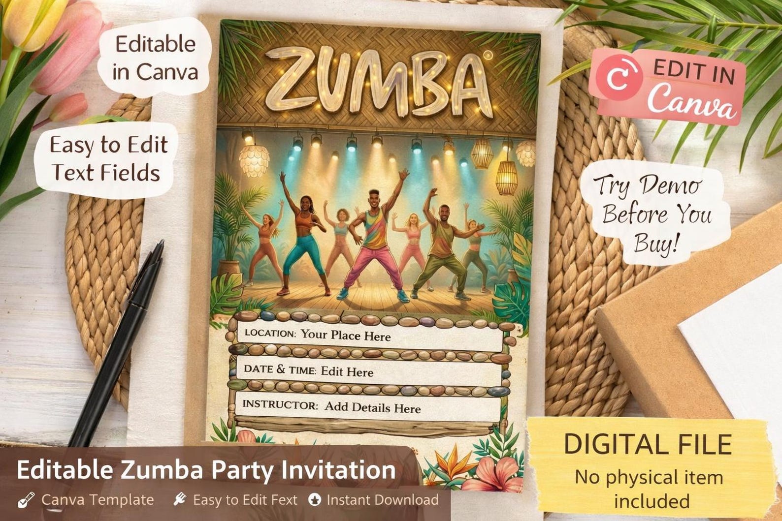 Zumba Invitation Template Editable Canva, Tropical Dance Party Invite ...